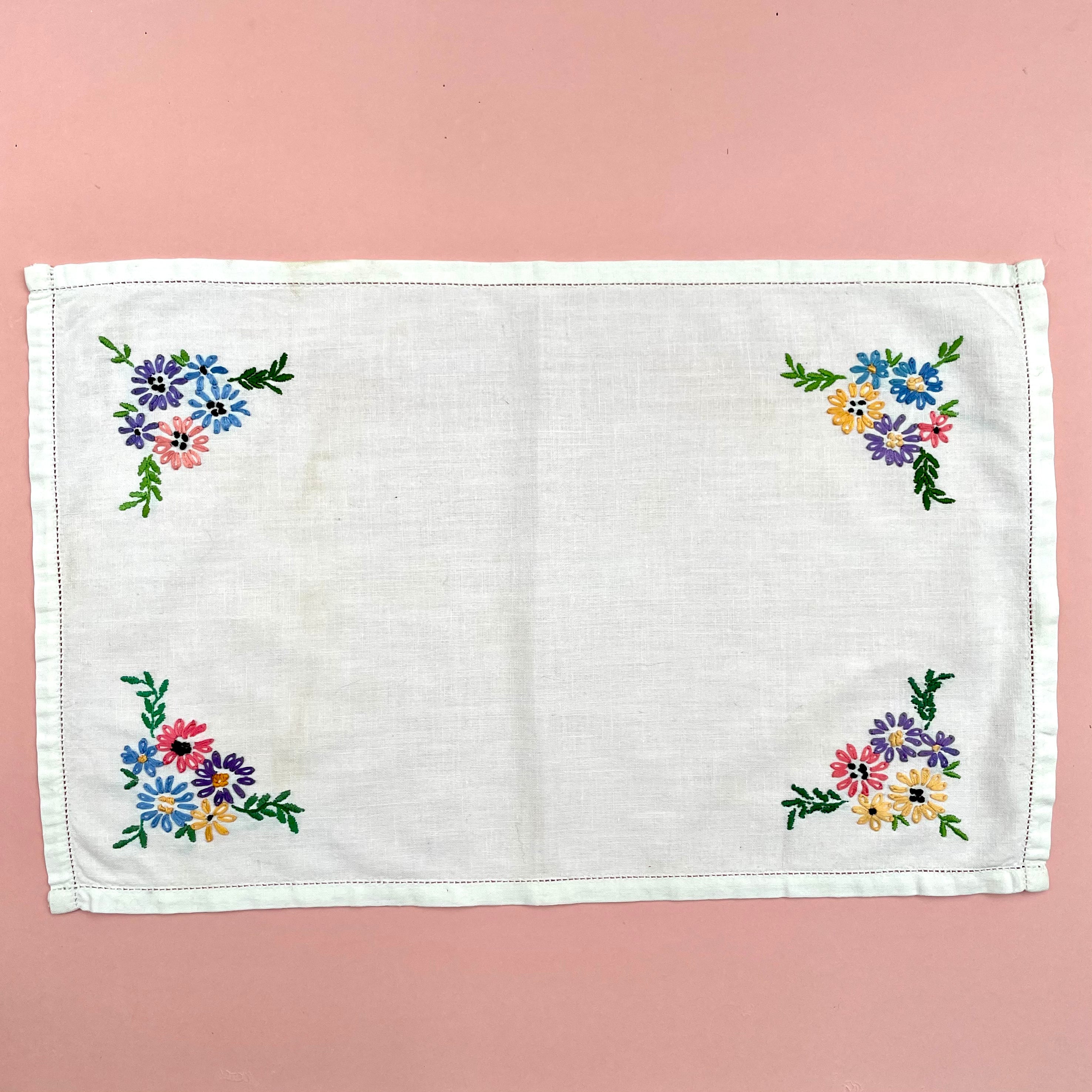 Vintage Hand Embroidered White Rectangular Floral Dressing Table Cloth ...